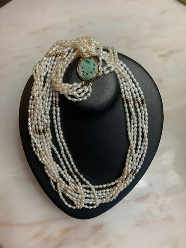 Vintage Multi-strand Freshwater White Rice Pearl Necklace w 14kt gold ...