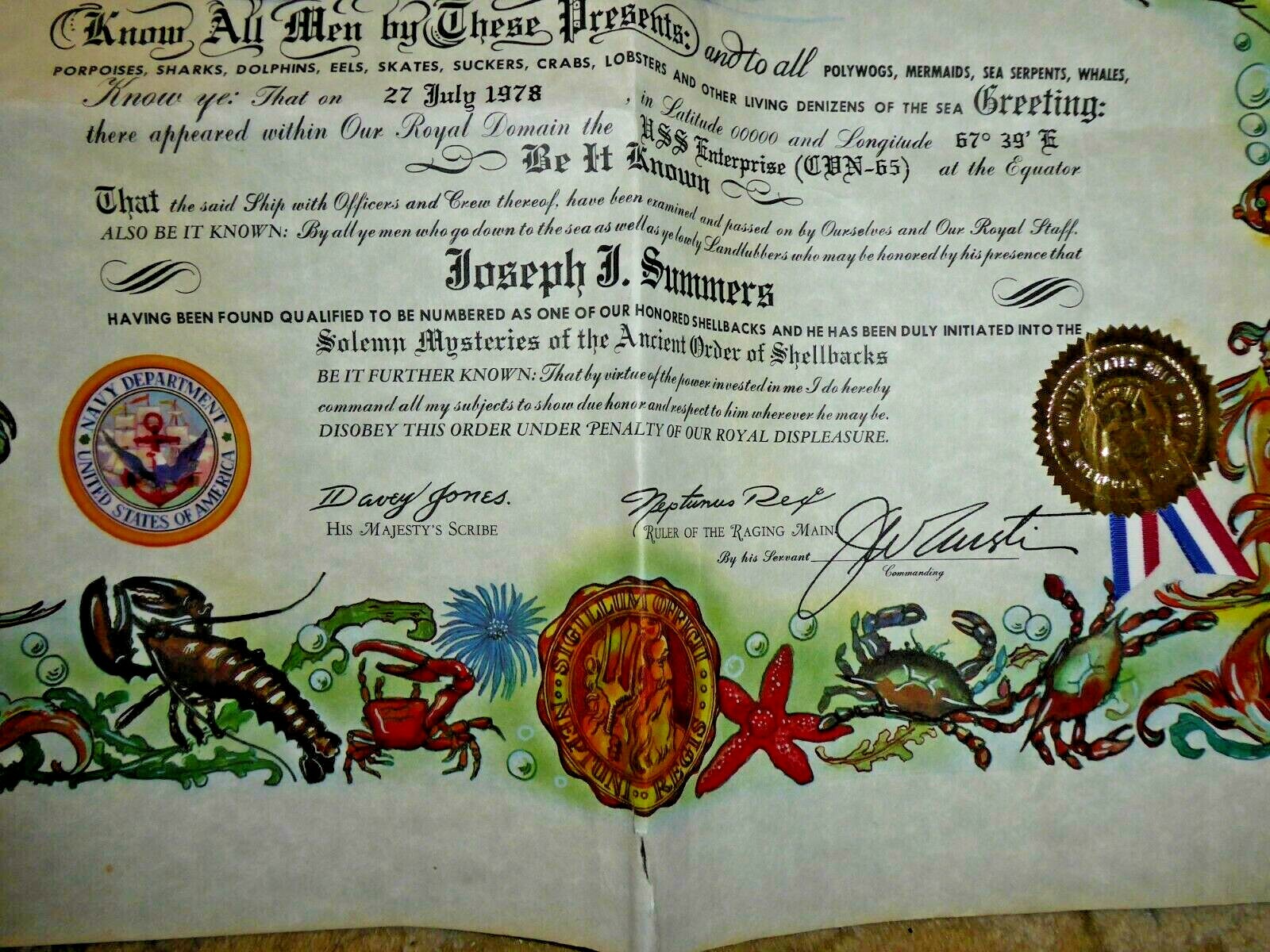 VINTAGE CERTIFICATE US NAVY USS ENTERPRISE AIRCRAFT CARRIER NEPTUNI ...