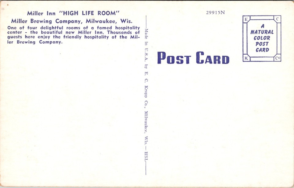 Postcard Milwaukee Wisconsin Miller Brewing Company Miller Inn High ...