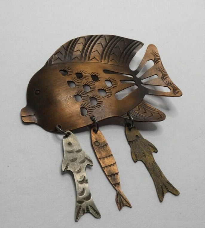 Vintage Large Fish Pin Signed Anna Stamped Mixed Meta… - Gem