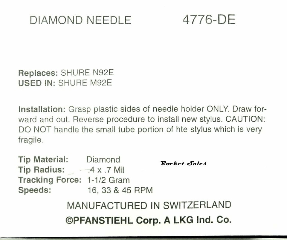 Phonograph Needle Stylus Shure N92E N104E RXT5 RXP3 RXT6 500S 800E EV ...