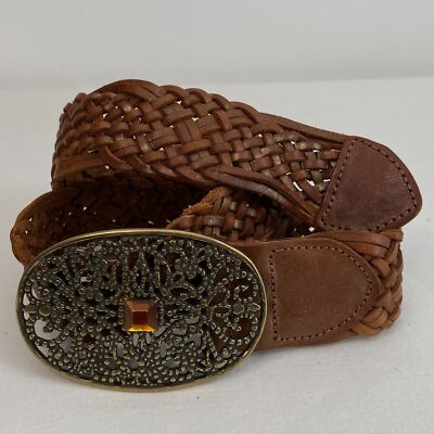 Belt Womens Genuine Leather Tawny Brown Braided Amber Stone Metal ...