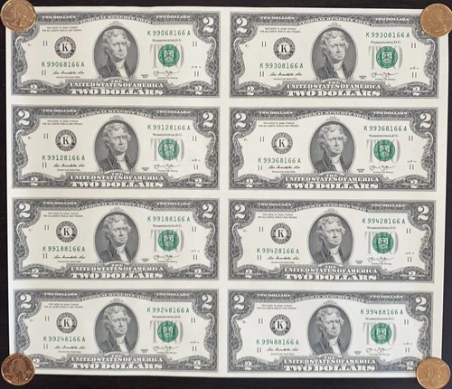 $2 Two Dollar Bills Uncut Currency Sheet of 8 Notes 2013 Dallas Texas ...