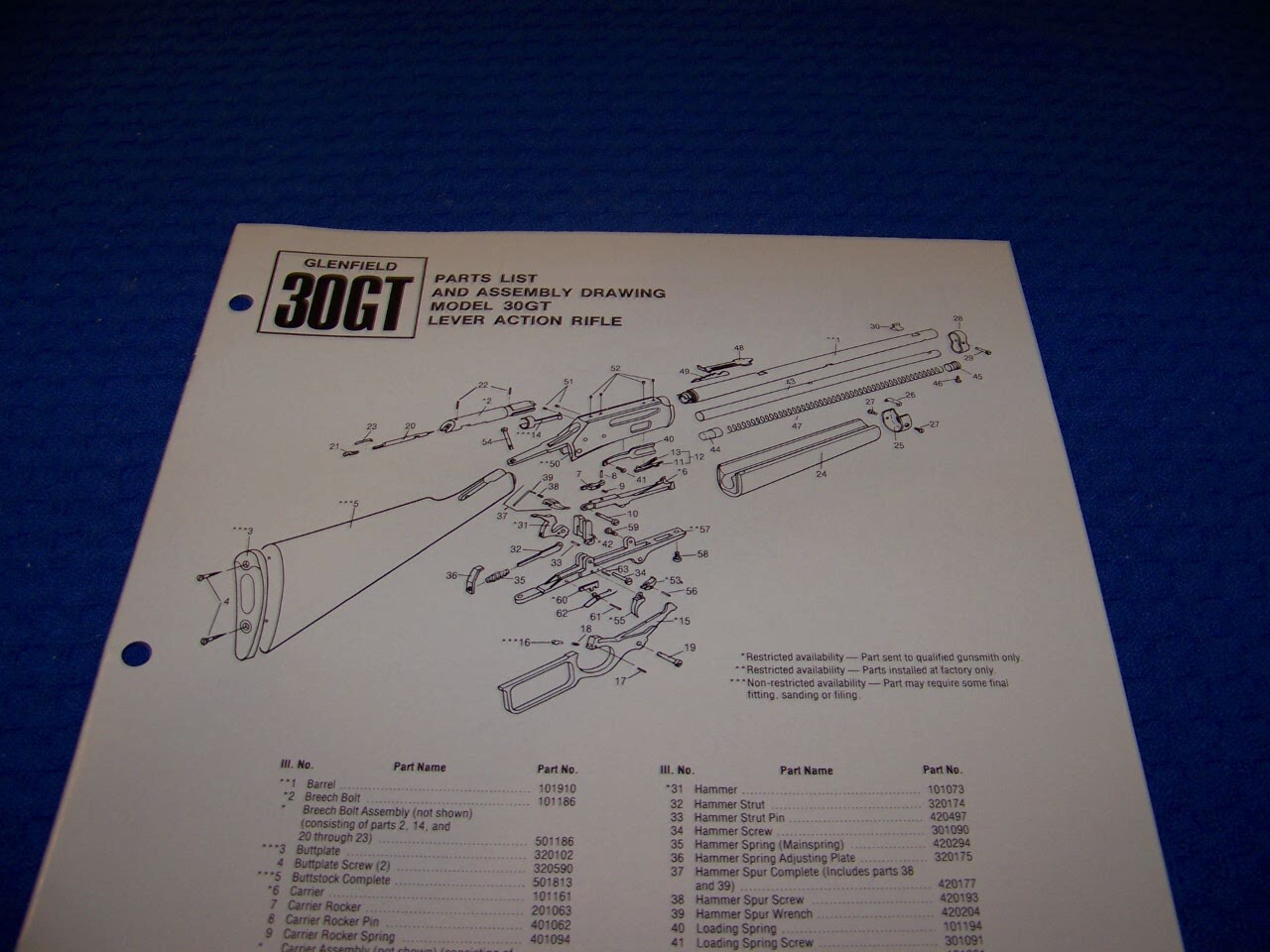 GLENFIELD 30GT L/A & MARLIN 336A L/A ..LEGEND/EXPLODED VIEW/PARTS LIST ...