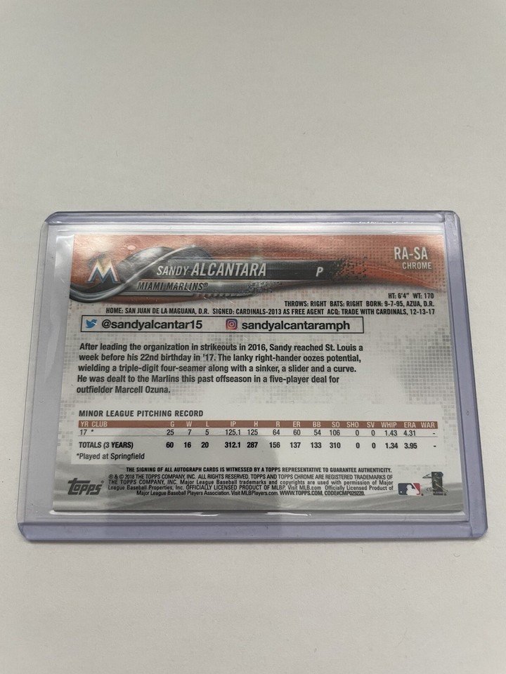 2018 Topps Chrome Sandy Alcantara Rookie Autographs Auto RC #RA-SA ...