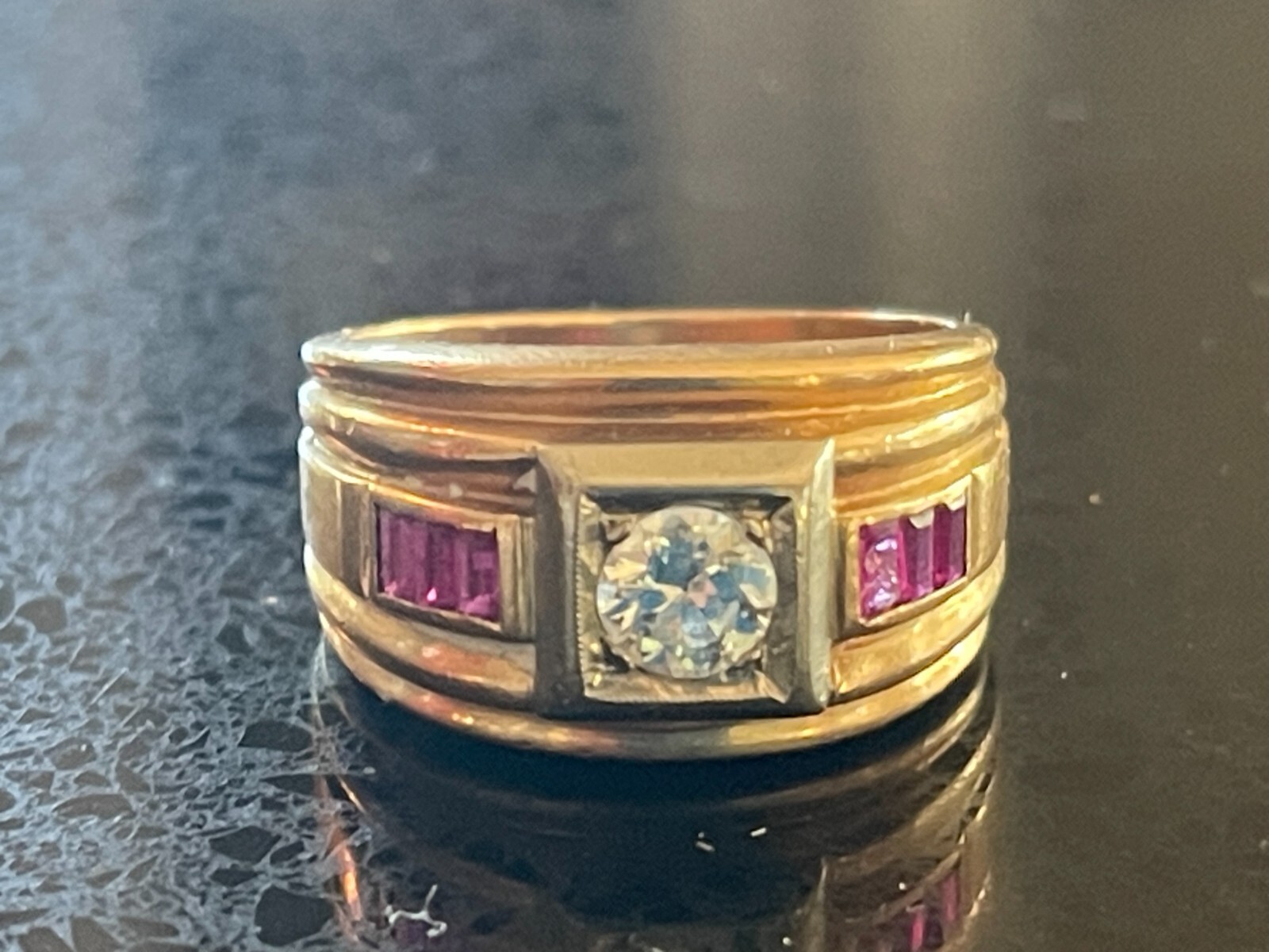 Mid Century 14k Gold Mens Diamond & Ruby Ring - Size 8 - Gem