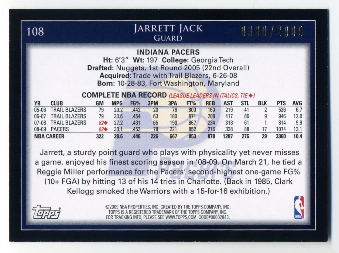2009 Topps GOLD #108 Jarrett Jack Indiana Pacers Serial# 0380/2009 | eBay