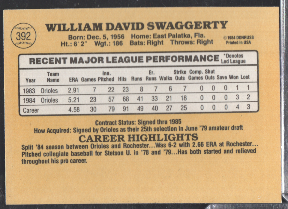 Bill Swaggerty Orioles Autographed 1984 Donruss #392 w/COA 103023NPCD32 ...