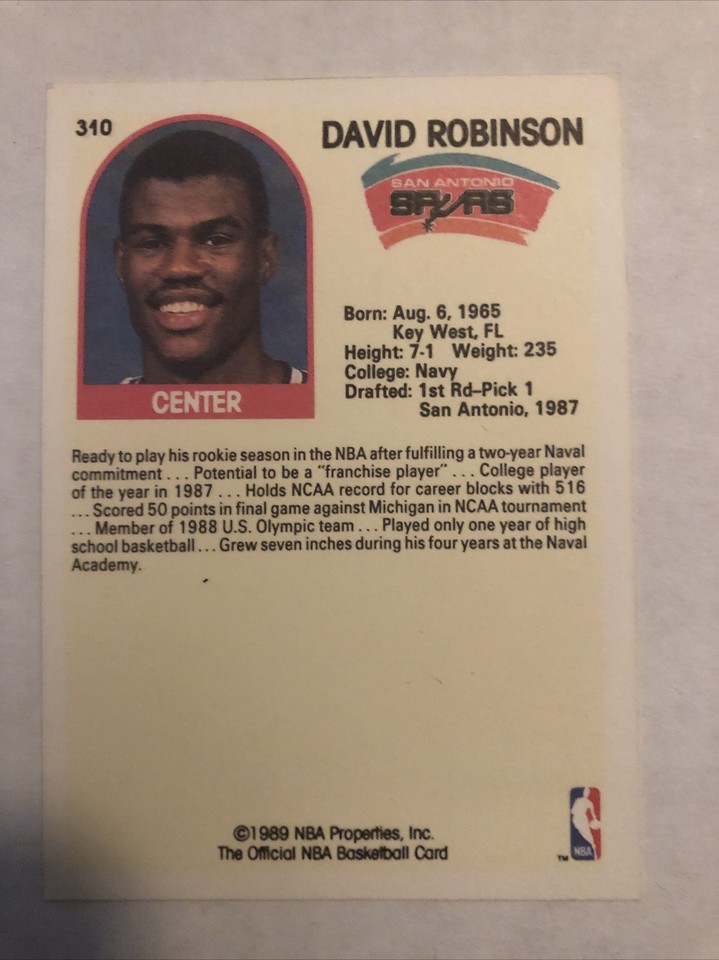 1989-90 Hoops David Robinson Rookie Card RC #310 Spurs Z655 | eBay