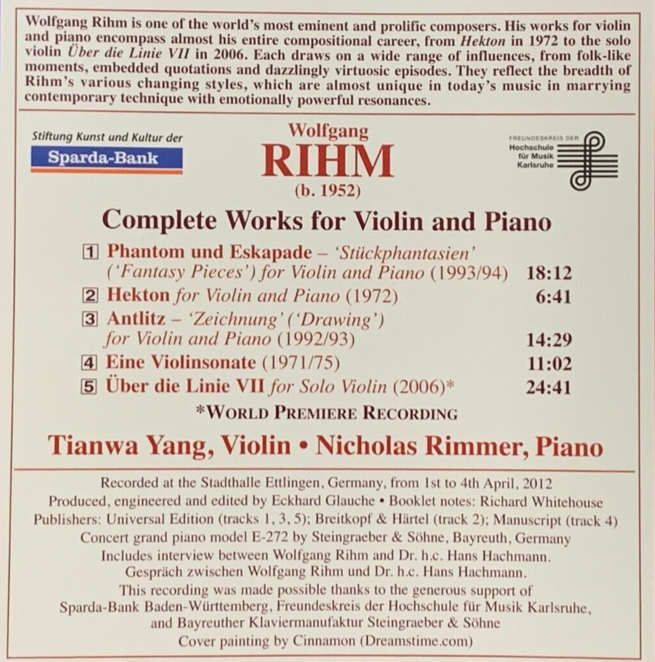 Signed by TIANWA YANG & WOLFGANG RIHM Complete Works for Violin & Piano ...