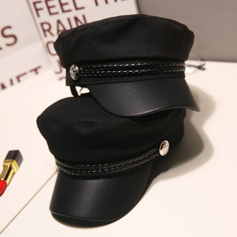 Leather Military Hat Sailor Hats Flat Top Captain Cap Travel Cadet Hat ...