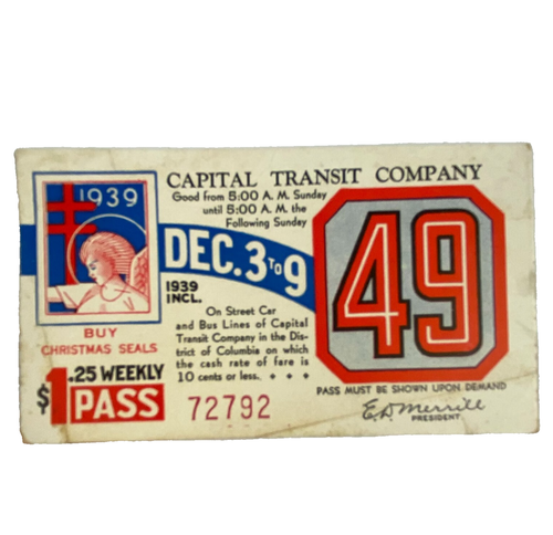 1939 Capital Transit Weekly Pass Washington DC Bus Streetcar Ticket ...