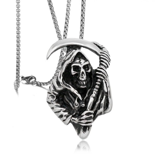 Silver Death Skull Grim Reaper Pendant Necklace Men's Jewelry Chain 24 ...