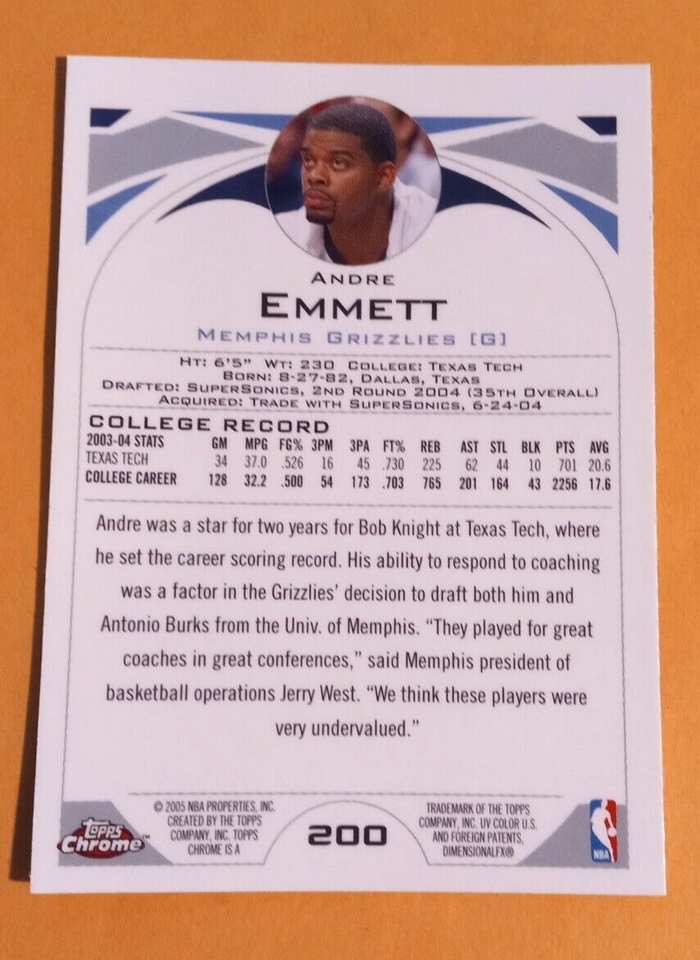 2004-05 Topps Chrome Andre Emett Rookie RC #200 - Grizzlies | eBay