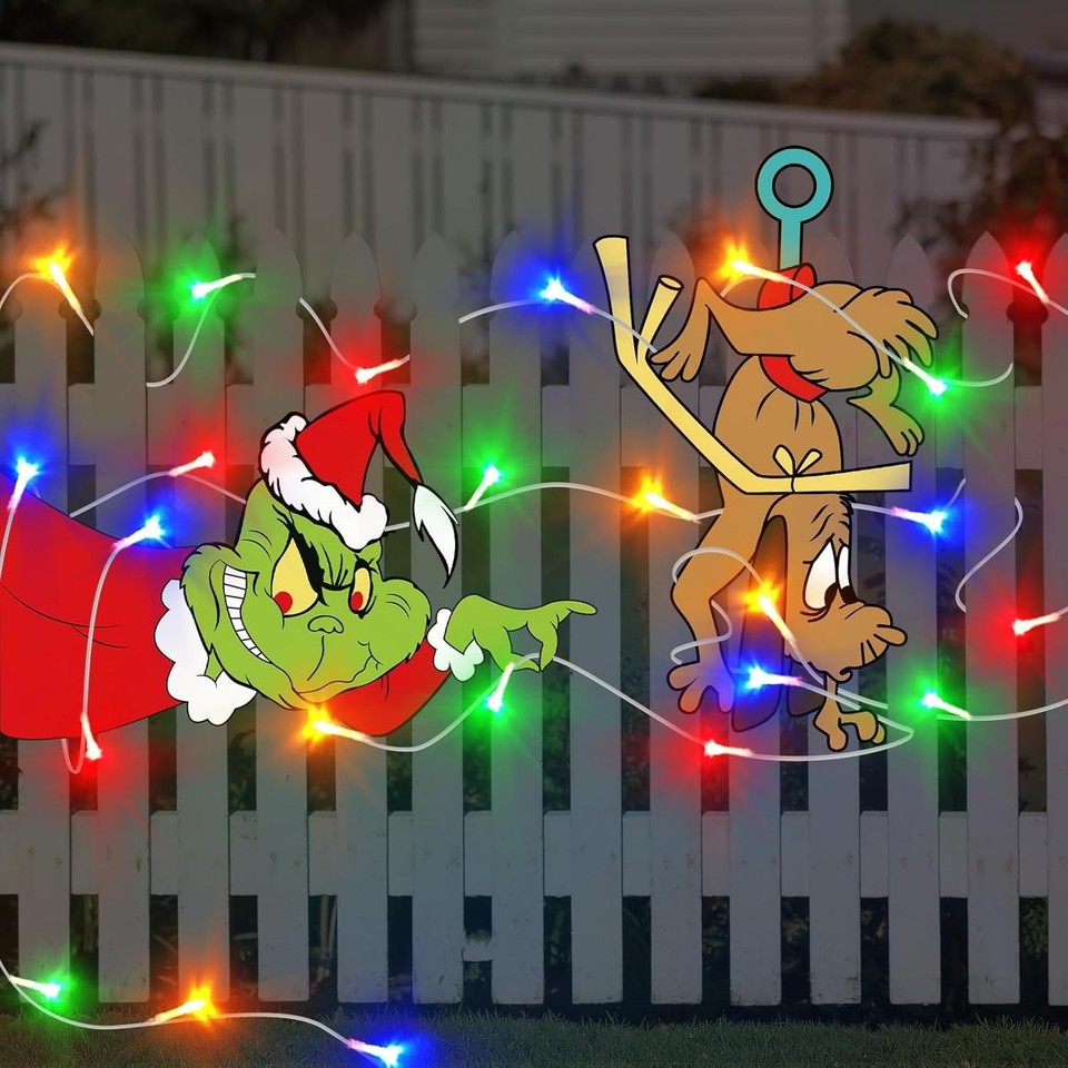 2Pcs Grinch & Max Stealing Lights Christmas Fence w/ LED Lights Yard ...