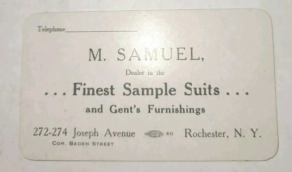 Rochester NY business Card Antique trade M. Samuel Gents Fine Suits ...