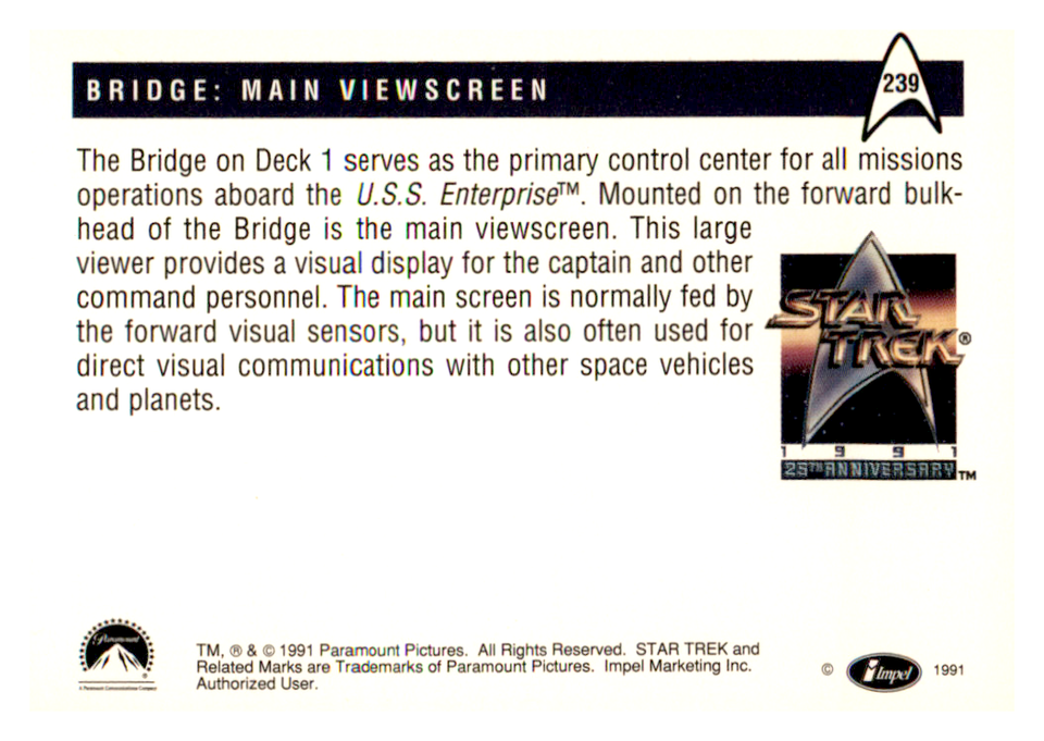 1991 STAR TREK Bridge: Main Viewscreen Trading Card #239 Paramount Pictures | eBay