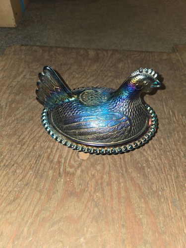 Vintage Indiana Glass Iridescent Carnival Blue Hen on Nest Covered ...