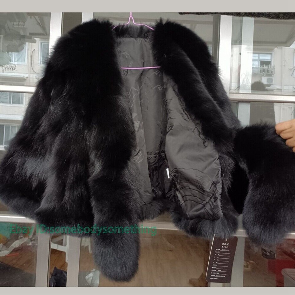 100% Real Fox Fur Coat Women's Fur Short Overcoat Jacket Black with Two ...