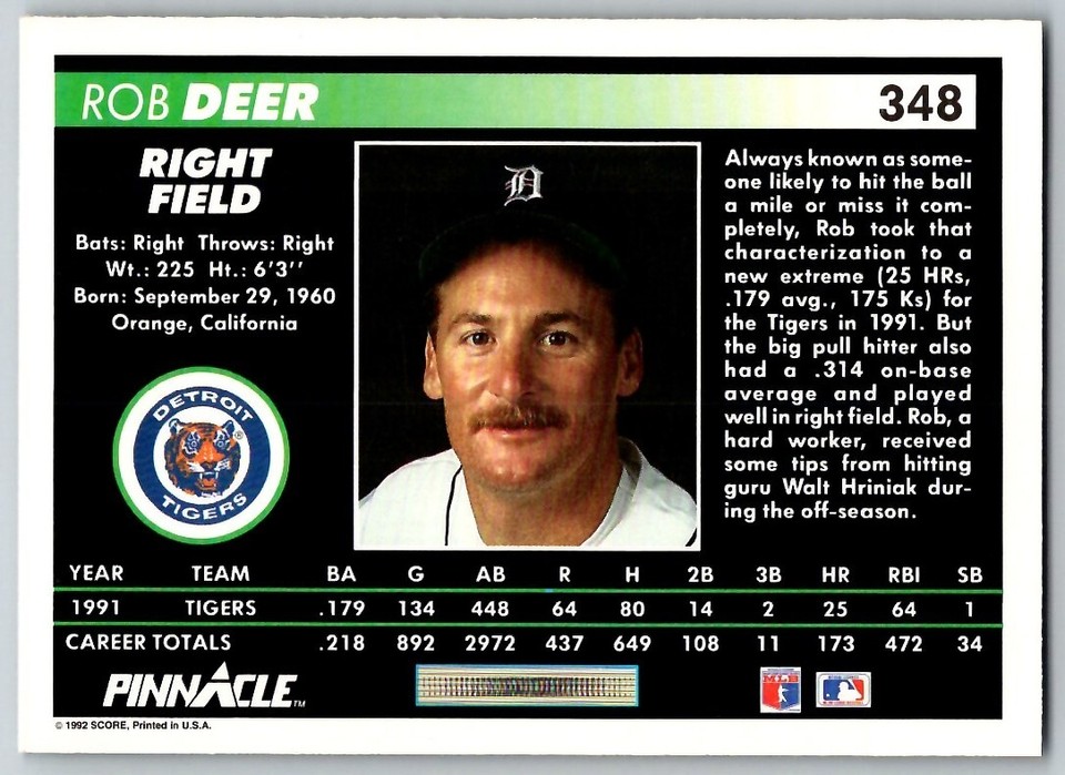 1992 PINNACLE ROB DEER DETROIT TIGERS #348 | eBay