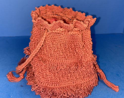 Vintage Drawstring Hand Crocheted Purse Bucket Bag Dusty Pink Rose | eBay