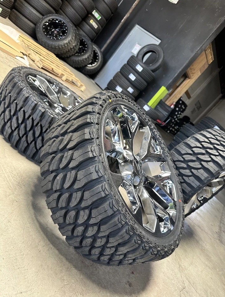 24” SNOWFLAKE CHROME WHEELS RIMS MT TIRES CHEVY SILVERADO TAHOE GMC ...