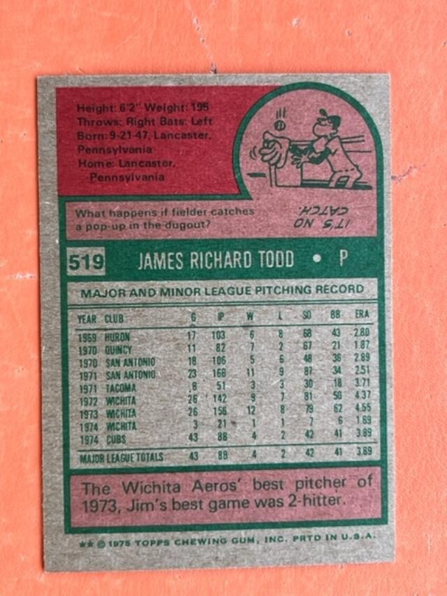 1975 Topps Baseball Card #519 Jim Todd RC - NM SHIPS FREE IN NEW TOP ...