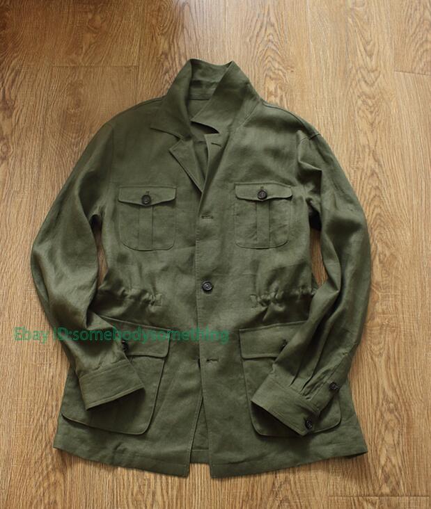 Vintage Men's 100% Linen Safari Jacket Pockets Slim Fit Hunting Coat ...