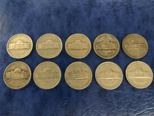 JEFFERSON NICKELS, LOT OF 10 COINS 1940, 41, 42, 43S, 44P, 45P, 46, 47 ...