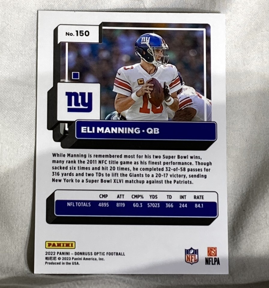 Eli Manning Donruss Optic 2022 Base Card #150, Ungraded | eBay