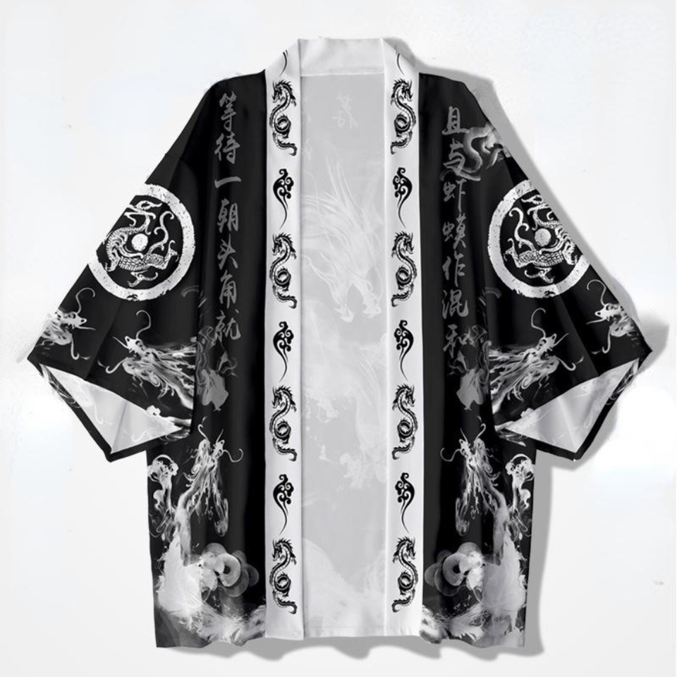 Men Dragon Print Kimono Cardigan Jacket Coat Yukata Baggy Tops Japanese ...