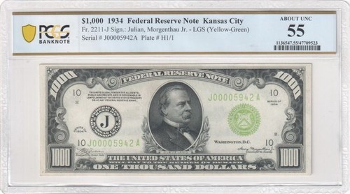 1934 $1000 Federal Reserve Note Kansas City Fr. 2211-J PCGS 55 | eBay