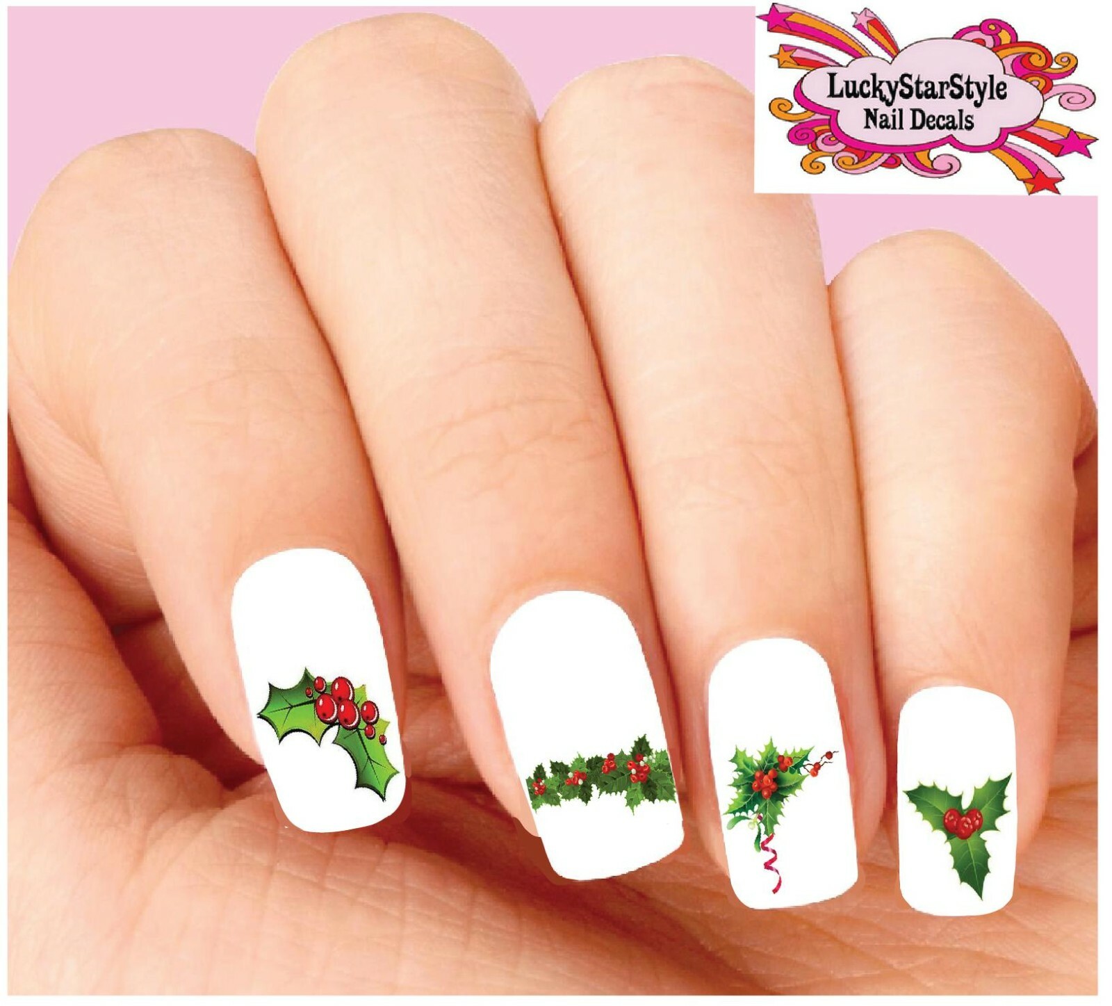Waterslide Holiday Nail Decals Set of 20 - Christmas Holly with Berries ...