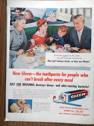 1956 Gleem Toothpaste Ad For Family Can't Brush After Every Meal | eBay