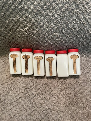 Vntg. RED Set of 6 Griffith Lab Milk Glass Spice Jars -Genuine Circa ...