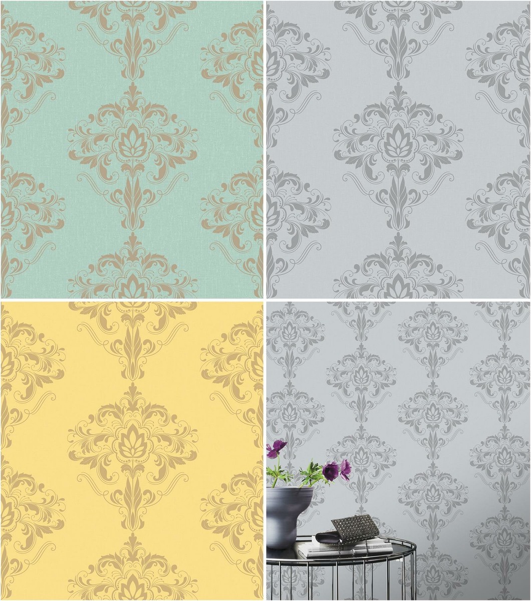Silver Metallic Damask Wallpaper