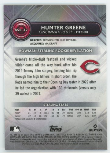 2022 Bowman Sterling - Rookies Hunter Greene #BSR-47 Blue Refractor /25 ...