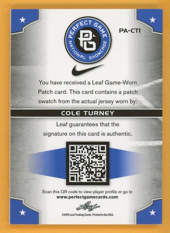 COLE TURNEY 2016 Leaf PG PATCH Autograph Rookie AUTO MEM SER # /40 | eBay