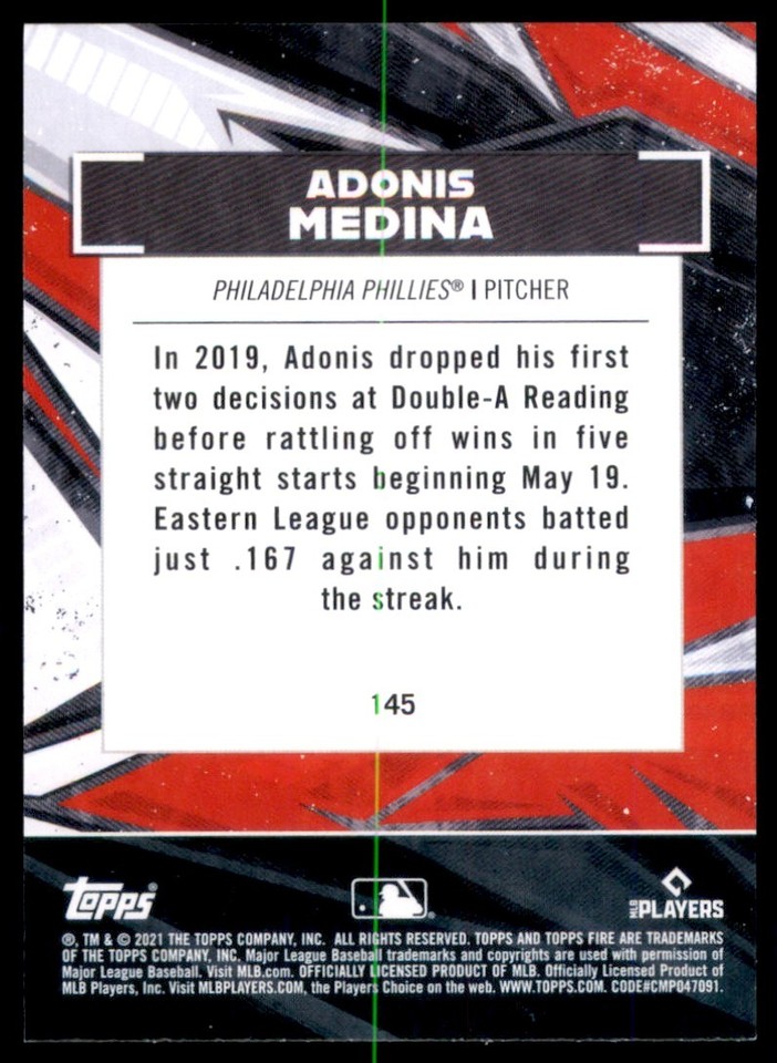 2021 Topps Fire Adonis Medina RC Philadelphia Phillies #145 TW18050 | eBay