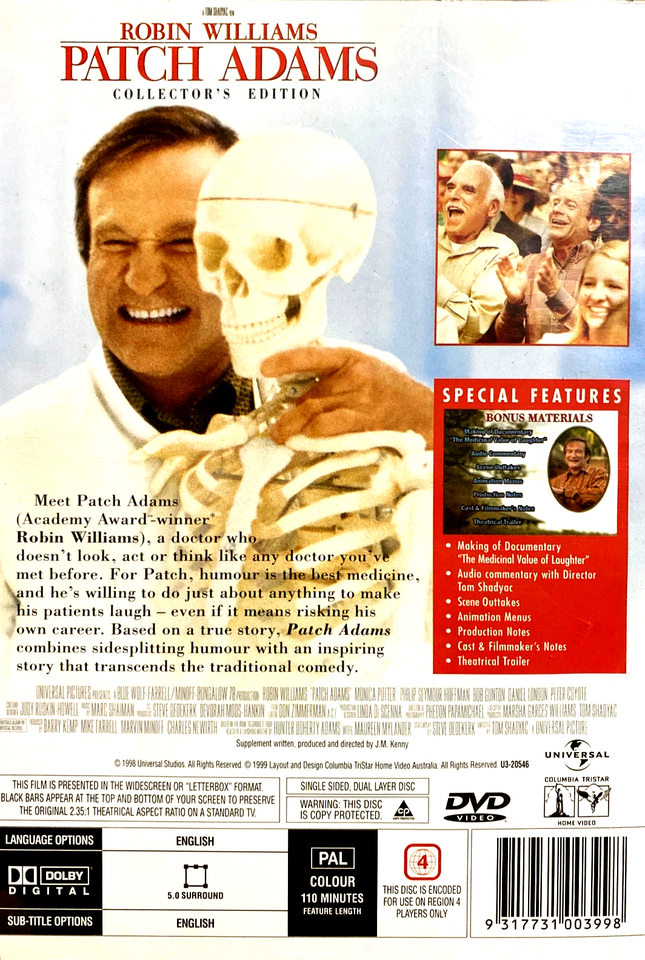 Patch Adams : Robin Williams : NEW DVD : Region 4 *Based On True Story ...