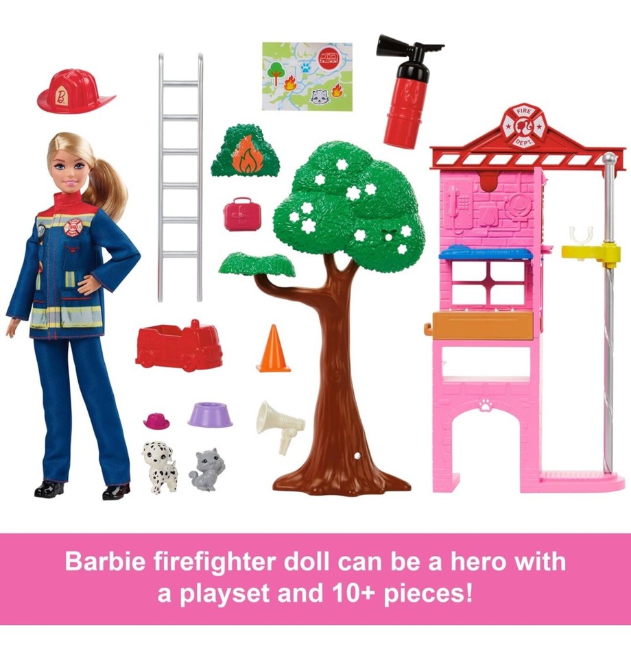 Barbie Careers Firefighter Doll Playset Firestation,Tree,2 Pets Plus ...