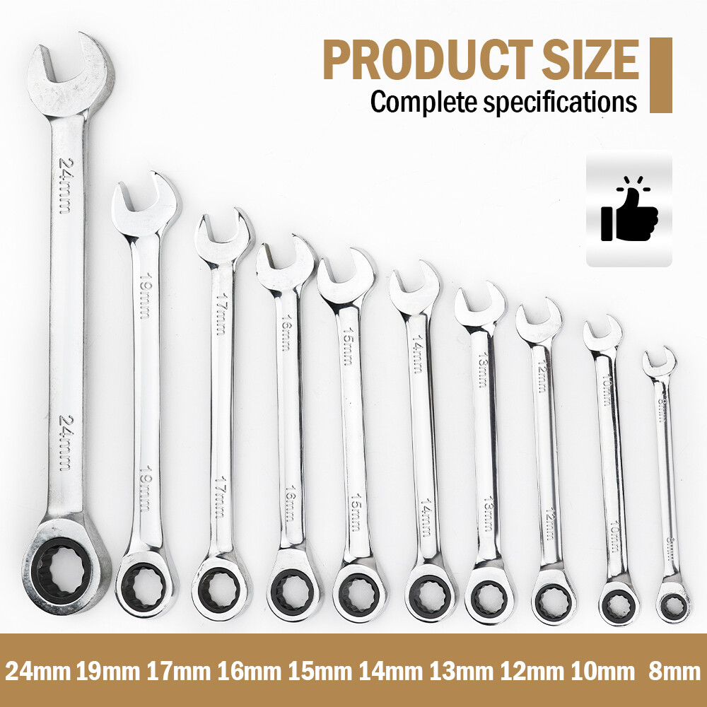 8-24MM Ratchet Gear Spanner FIXED Head Chrome Vanadium Spanners Silver ...