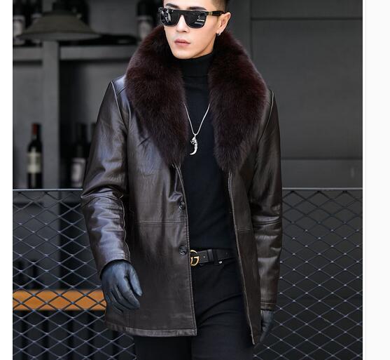 Men's mink Fur Collar Fur Lined Mid Long Real Leather Jacket Coat ...