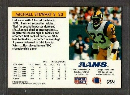 1992 Pro Set Football Card #224 Michael Stewart Rams Signed Autograph ...