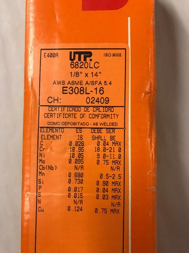 UTP 6820 LC Electrode 1/8in X 14in 7lb Bohler Thyssen Free Shipping | eBay