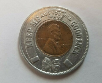 WARNER SERVICE 1937 Good Luck Lincoln Penny Token Horseshoe Encased ...