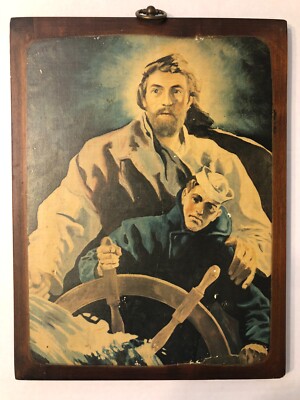 Vintage Wood print Jesus Pilot Behind Ships Wheel Navy Sailor Rare | eBay