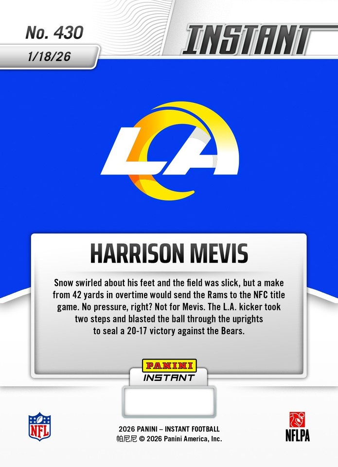 2025 Panini Instant NFL Harrison Mevis PLAYOFFS ROOKIE CARD SP Rams ...