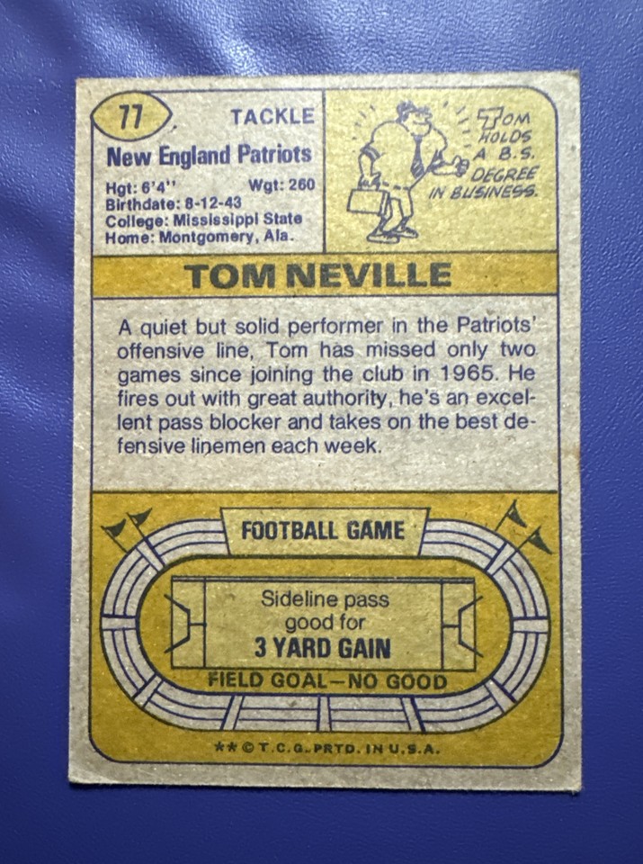 1974 TOPPS FOOTBALL #77 TOM NEVILLE NEW ENGLAND PATRIOTS *FREE SHIPPING ...