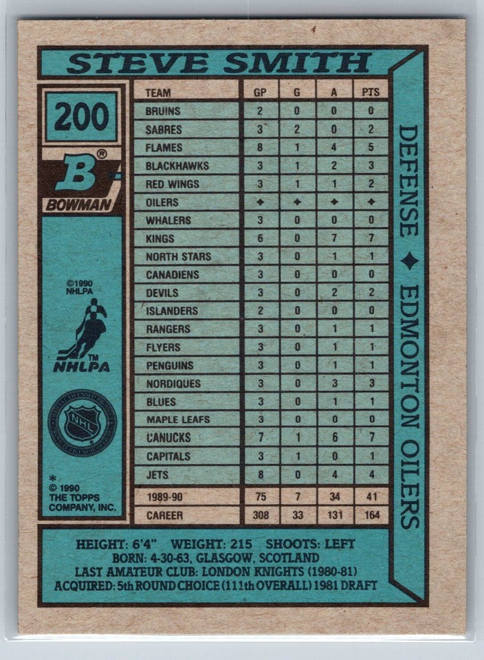 1990-91 Bowman Steve Smith Edmonton Oilers #200 | eBay